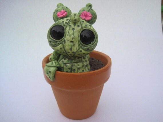 Cute Cactus Creature Green Cacti Sculpture by PlayfulPixieCreation