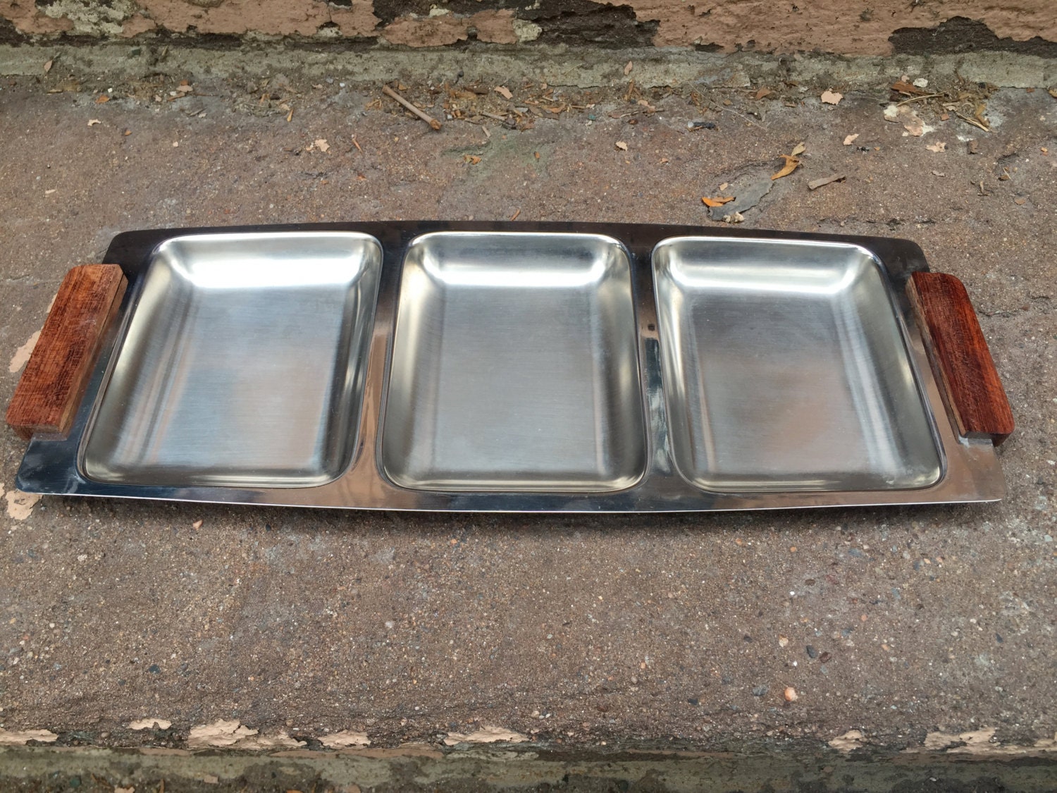 Mid Century STAINLESS STEEL Divided Serving Tray Wood Handles Three mid-century-stainless-steel-divided-serving-tray-wood-handles-three