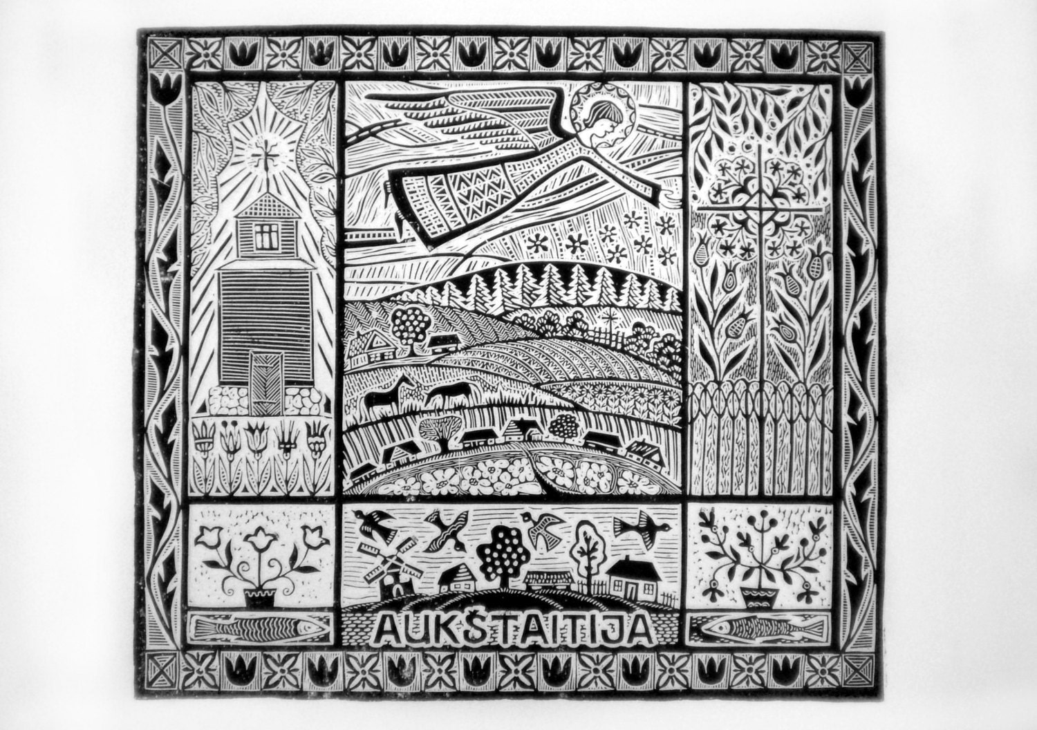 Native linocut print Aukstaitija by famous