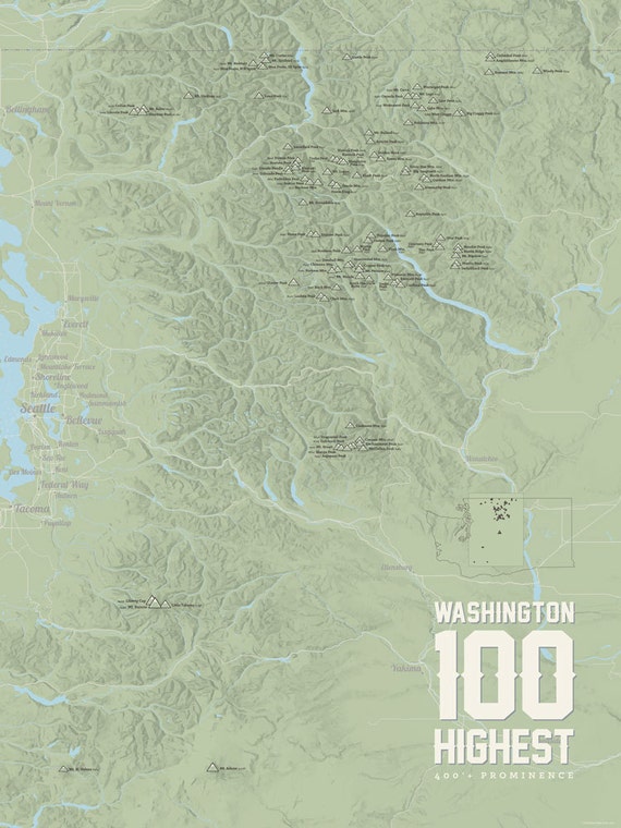 Washington 100 Highest Peaks Map 18x24 Poster