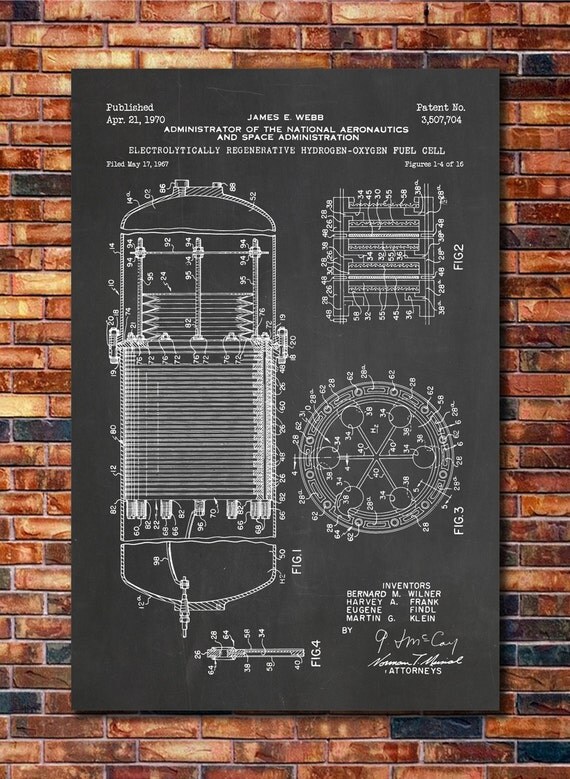 Hydrogen Fuel Cell NASA Patent Print Art 1970