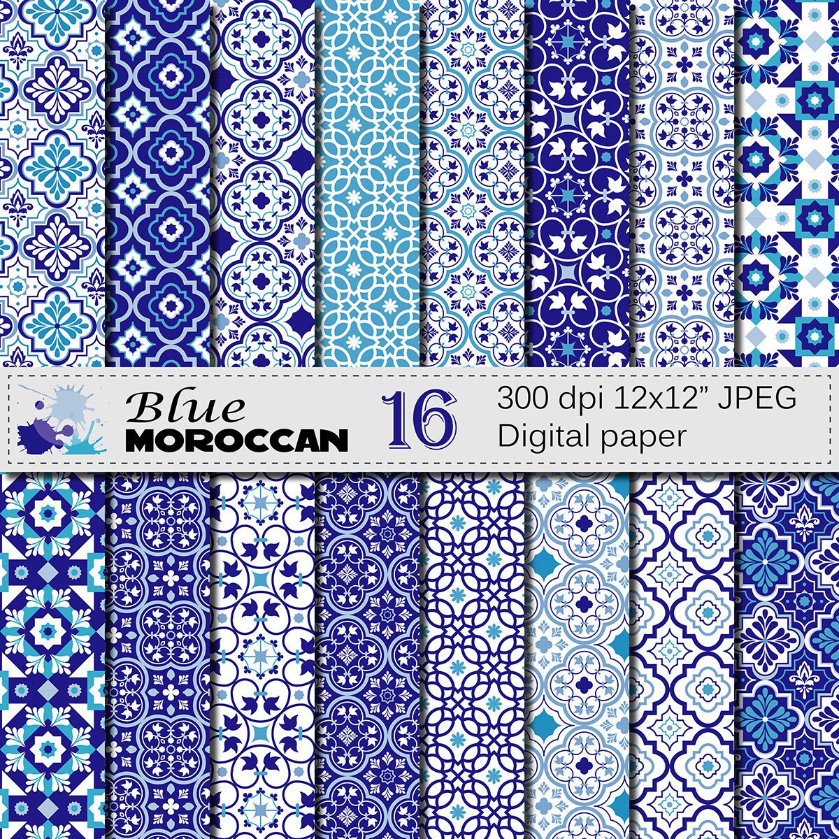 Blue Moroccan Digital Paper Set Blue Ornamental Scrapbook