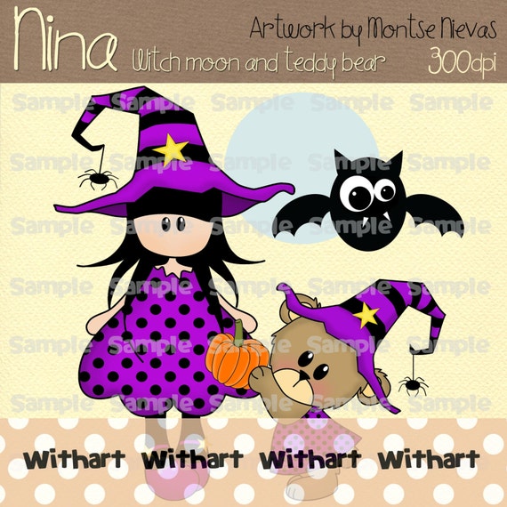Artículos similares a Witch moon and teddy bear Nina dolls (0292) clip ...