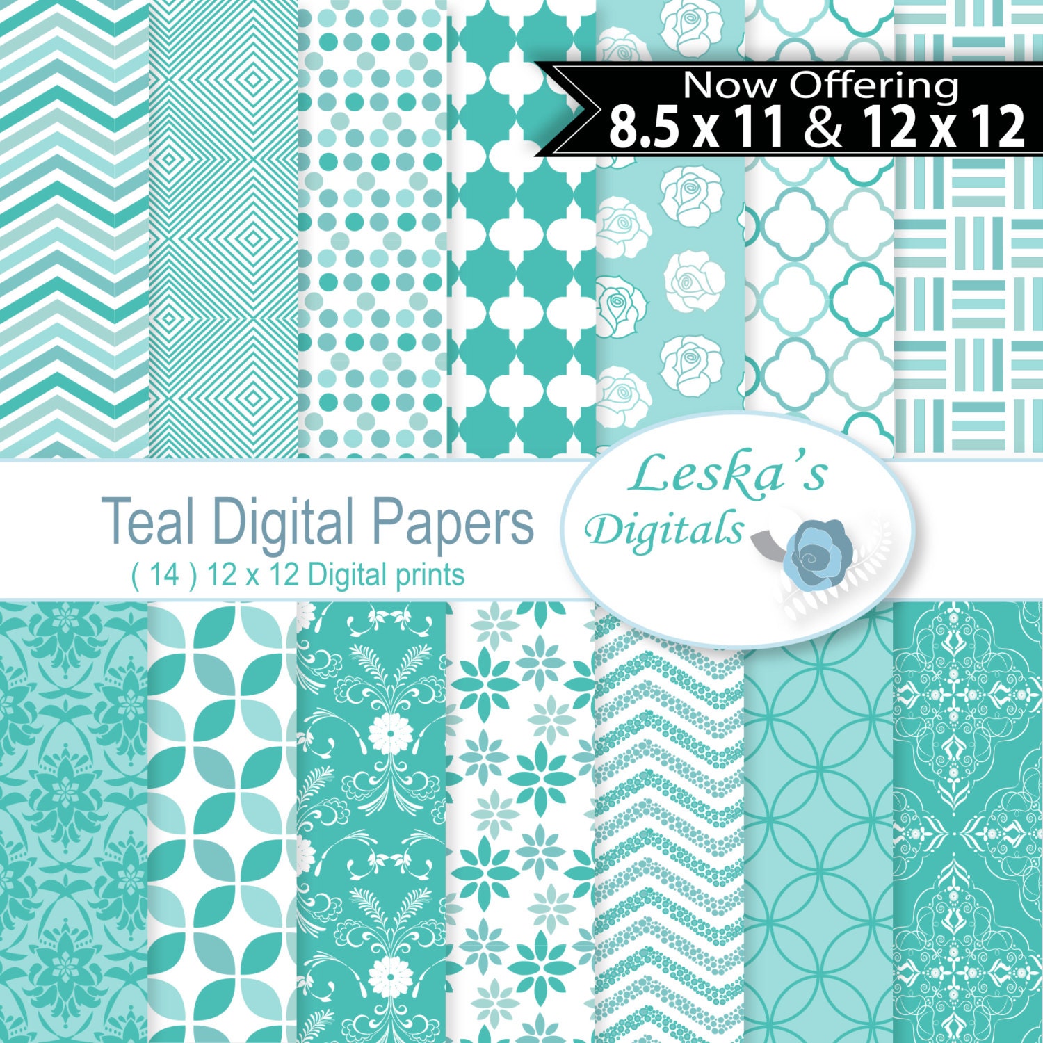 Teal Digital paper pack Teal scrapbook paper Teal digital