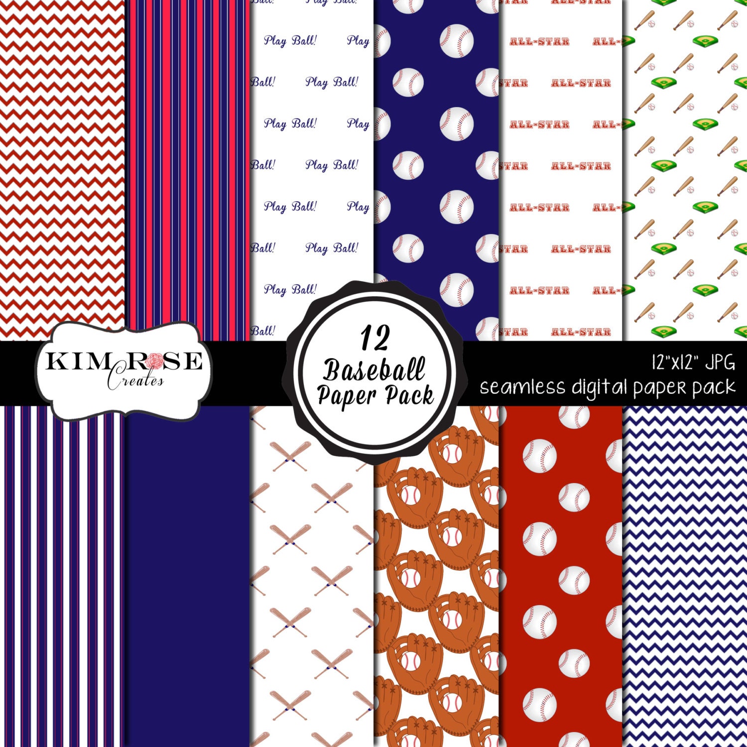 Baseball Digital Paper Pack Scrapbook Papers Invitations