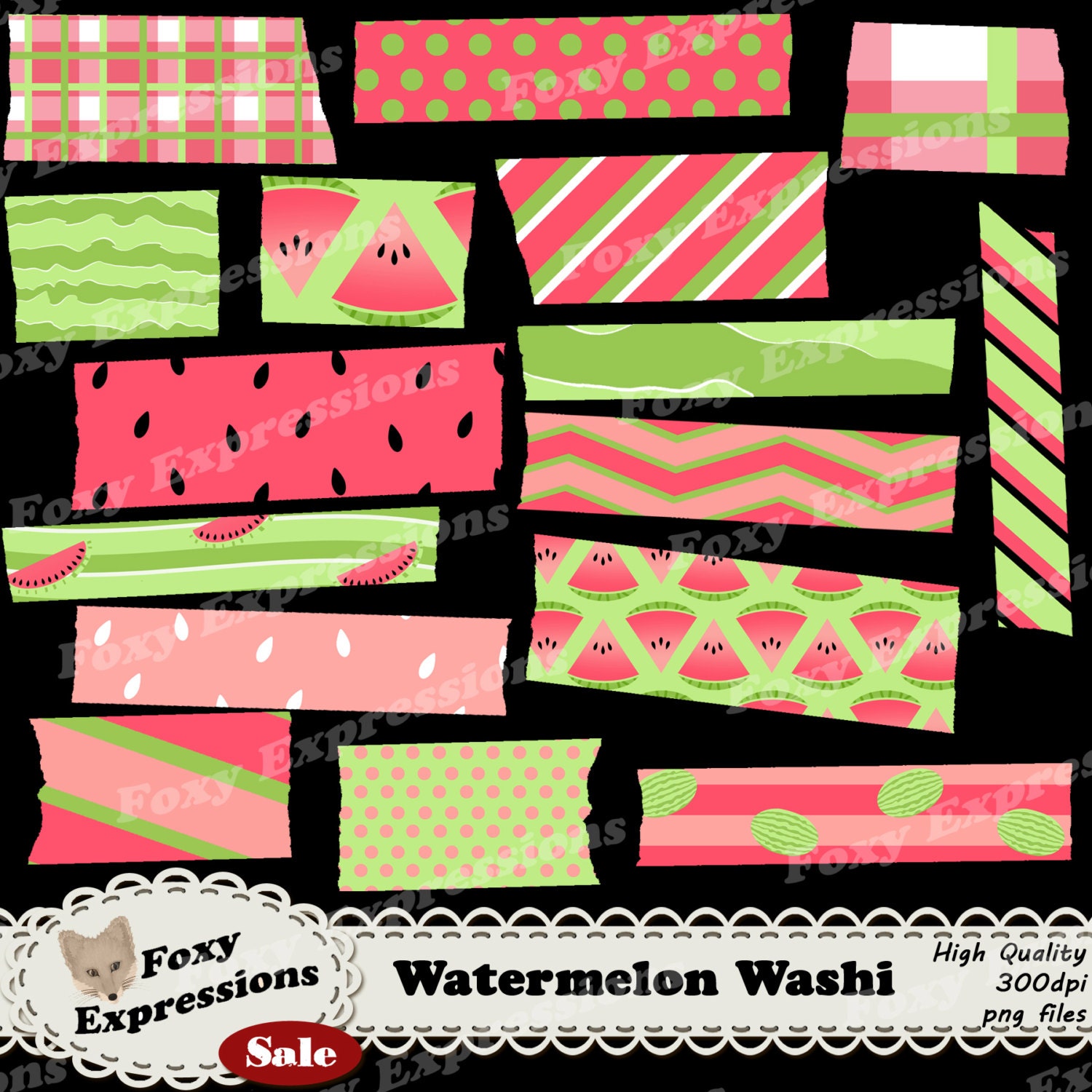 Watermelon Digital Washi Tape in shades of green and pink with
