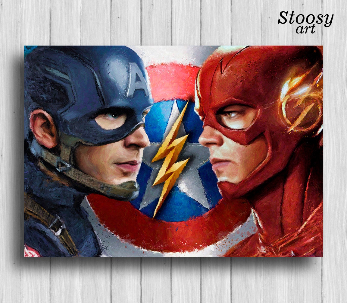 captain america vs the flash print superhero painting marvel
