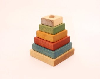 Wooden pyramid Square stacking toy Colourful by WoofWoofWood