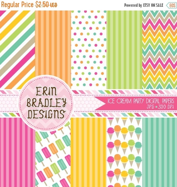 SALE Ice Cream Party Digital Paper Pack by ErinBradleyDesigns