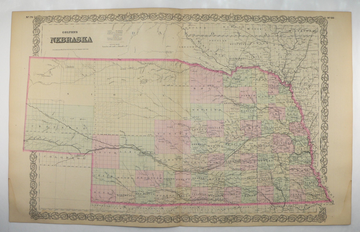1800s Antique Nebraska Map 1881 Colton Map of Nebraska State