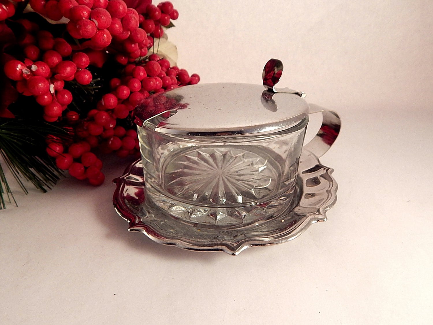 Silver Metal Covered Jam Dish Ornate Glass Sauce Serving Bowl
