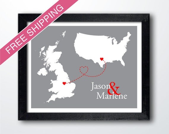Custom Two Country Map with Love Trails Print Personalized