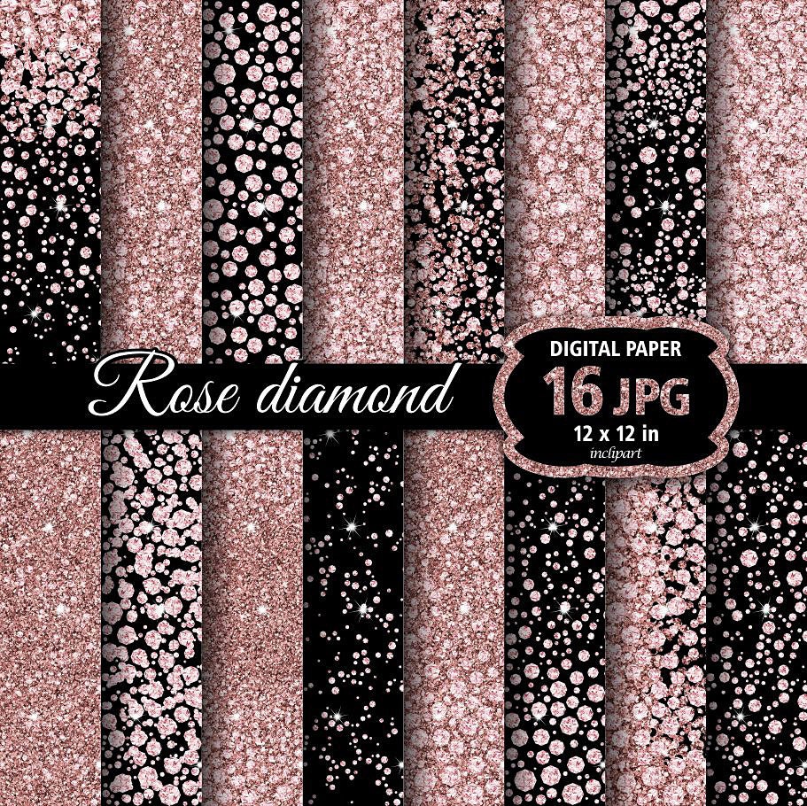 Diamond digital paper clipart. Rose gold diamond rhinestone