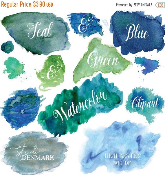 SALE Blue & Green Watercolor Clipart – Teal Watercolor Clip Art – PNG ...