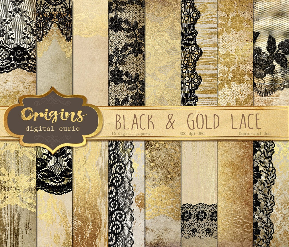 Black and Gold Lace Digital Paper rustic digital paper black