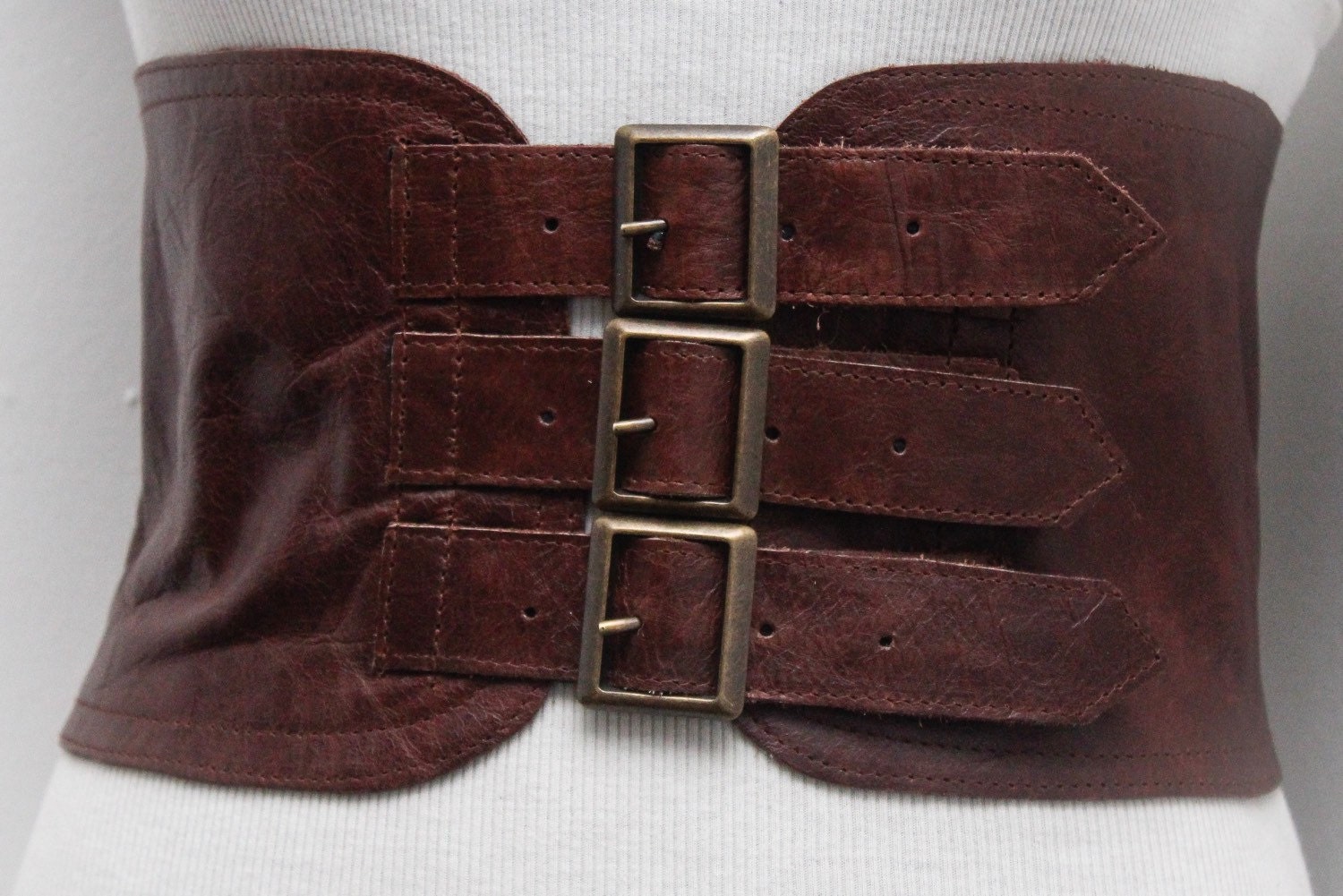 Brown Corset Leather Three Buckle Belt Brown Waist Belt