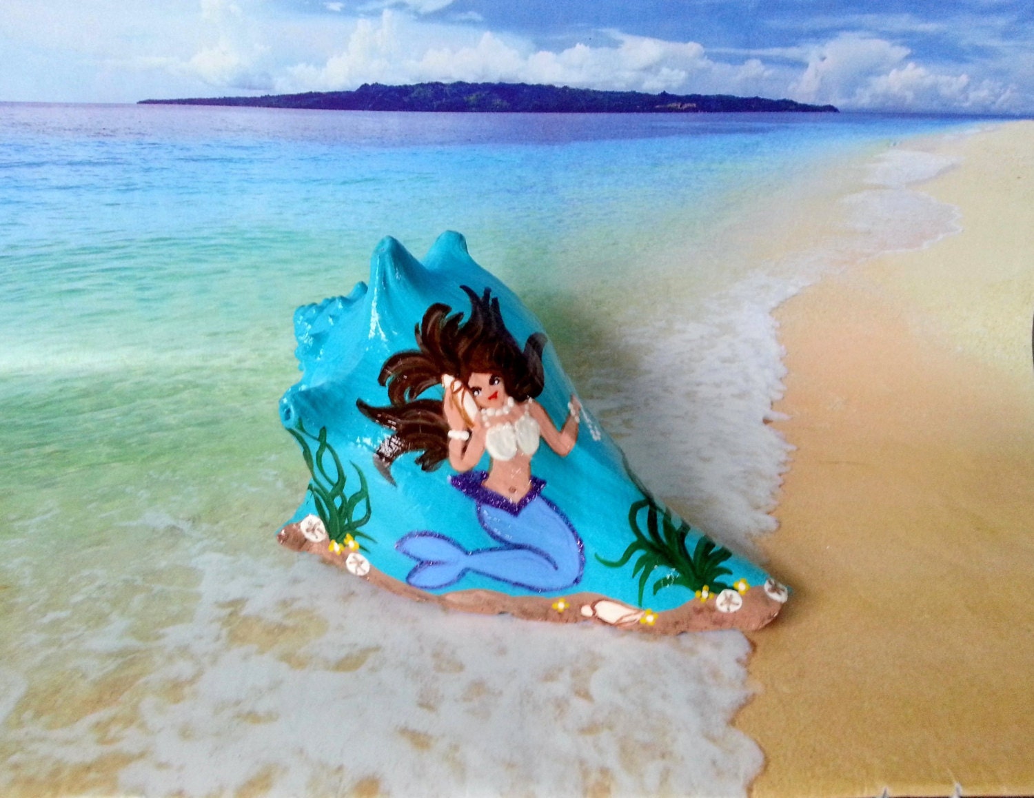 Mermaid conch shell hand painted coastal home decor seashell