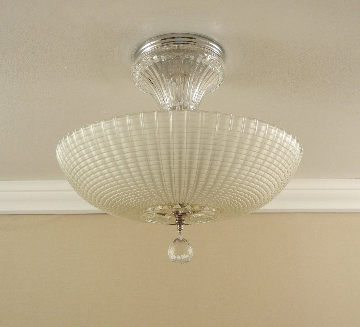 Vintage Ceiling Light 1940's Frosted Satin Glass & Chrome