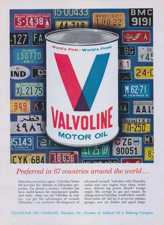 1965 Valvoline Motor Oil Ad Graphic License Plates Vintage