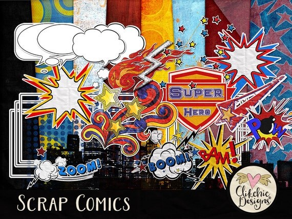 Comic Book Digital Scrapbook Kit Clip Art Super by ClikchicDesign