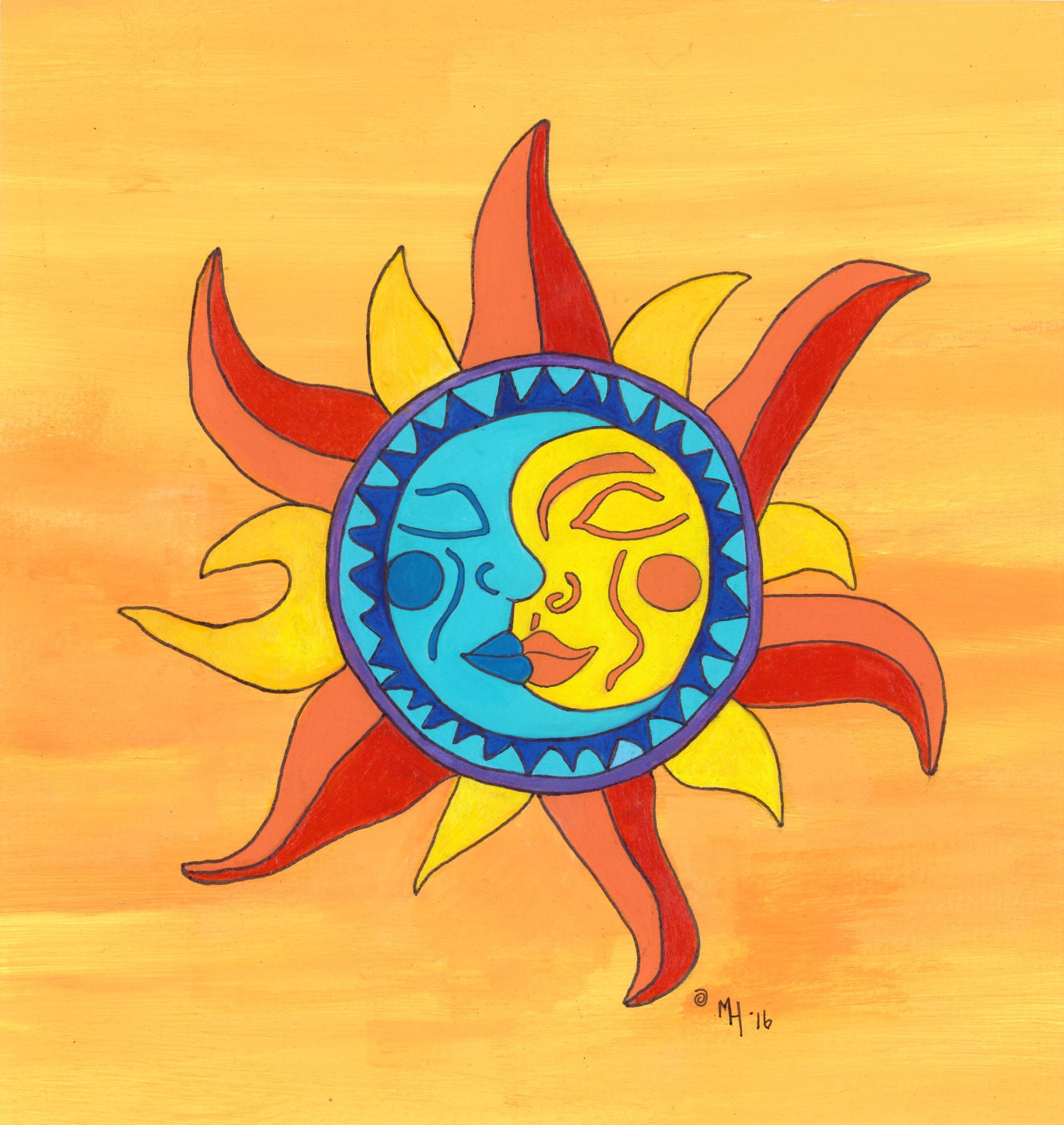 Sun and Moon Wall Art Mexican Folk Art Bright Orange Blue
