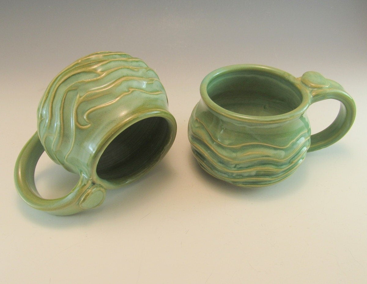 SET OF 2 Hand Made Pottery Wave Mug/Ocean Pottery Coffee