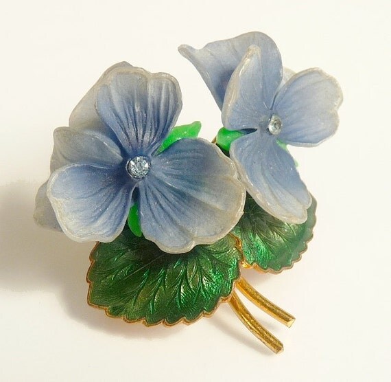 Vintage Celluloid And Enamel Flower Brooch Violets Pansy