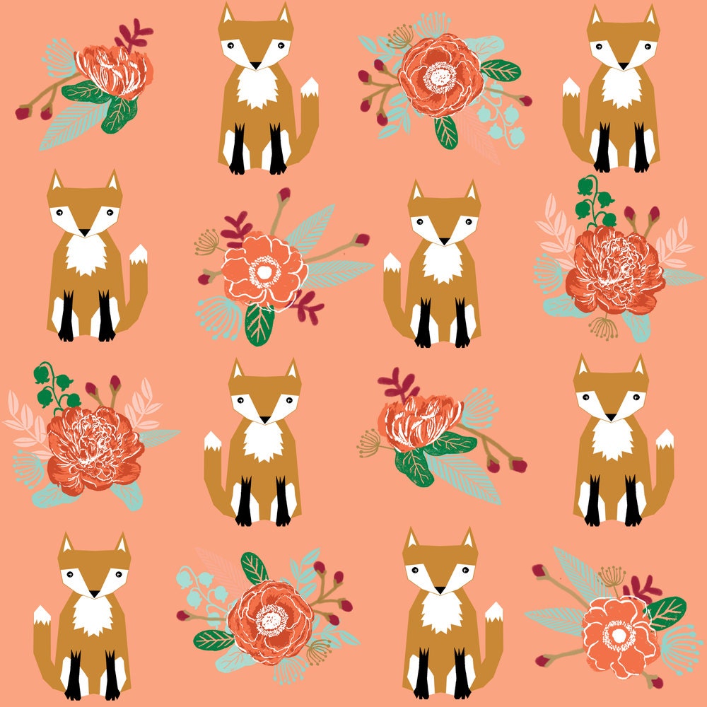 Fox Fabric Autumn Fox Flowers Cream Autumn Fall Woodland Fox