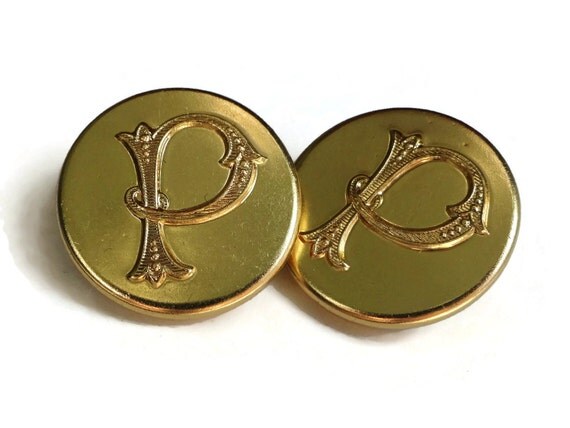 Monogram P Buttons 2 Gold Metal 7/8 inch 22 mm for Jewelry