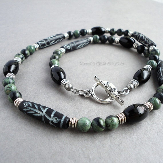 Tribal Style Mens Beaded Necklace Carved Bone Black Onyx