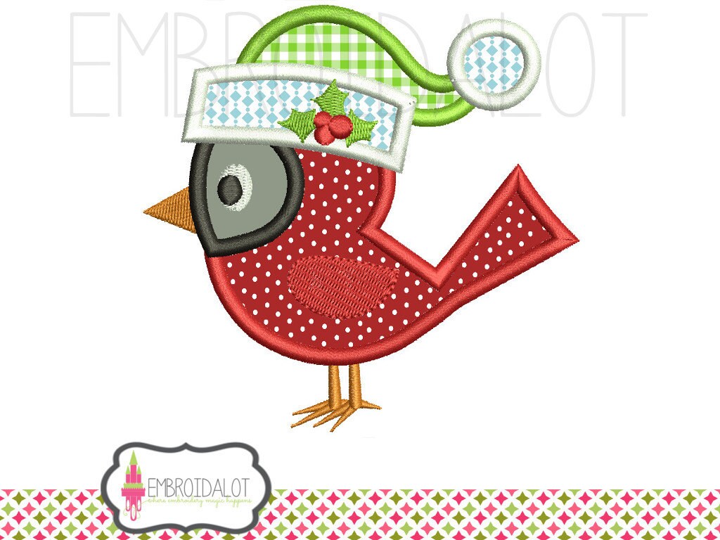 Cardinal applique embroidery design. Cute bird embroidery with