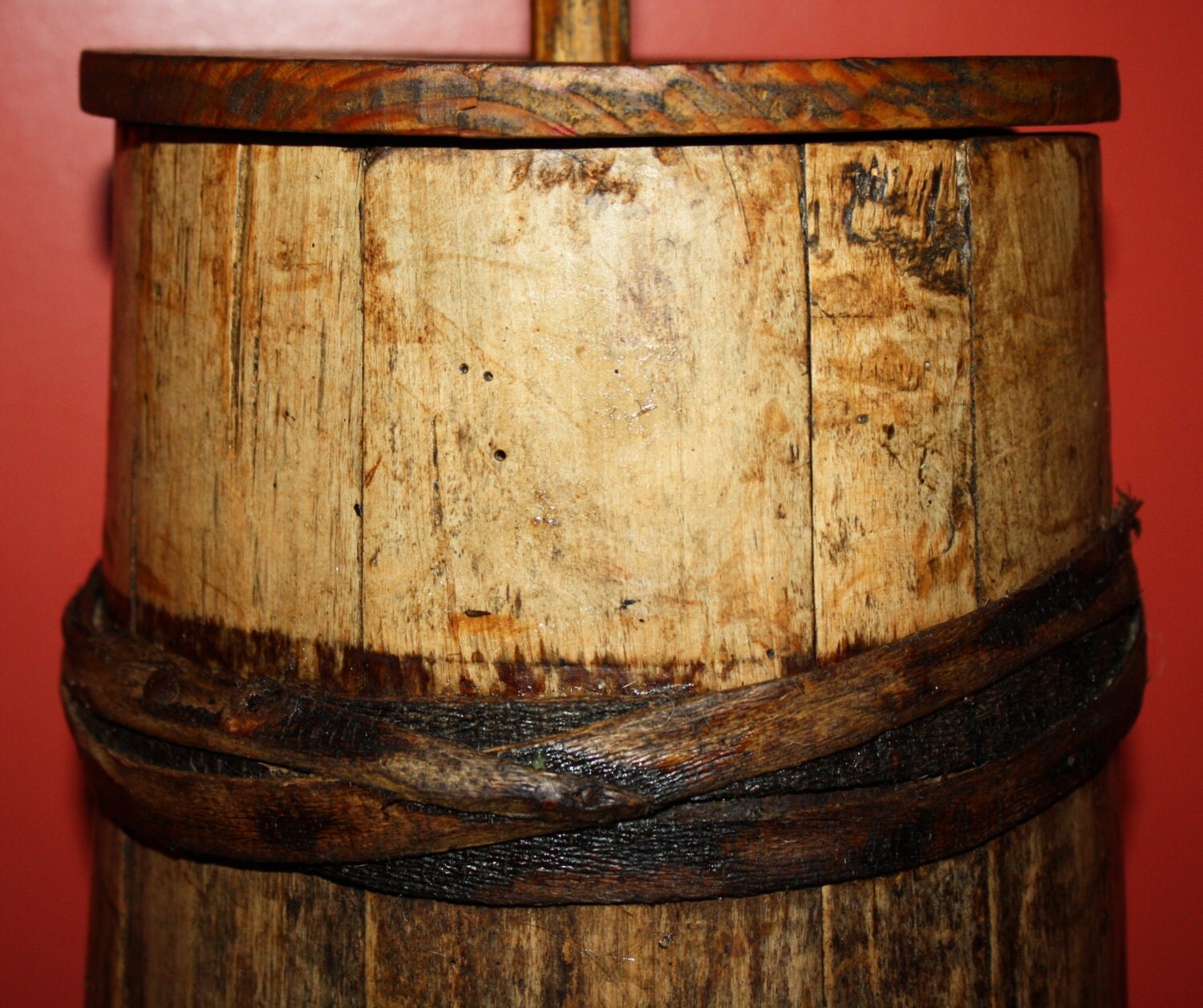 Antique Staved Wooden Country Butter Churn with Wooden Bands