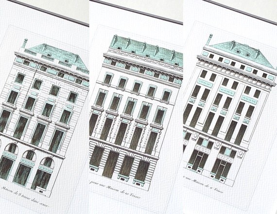 Set of 9 French Architectural Drawings of Paris Facades with