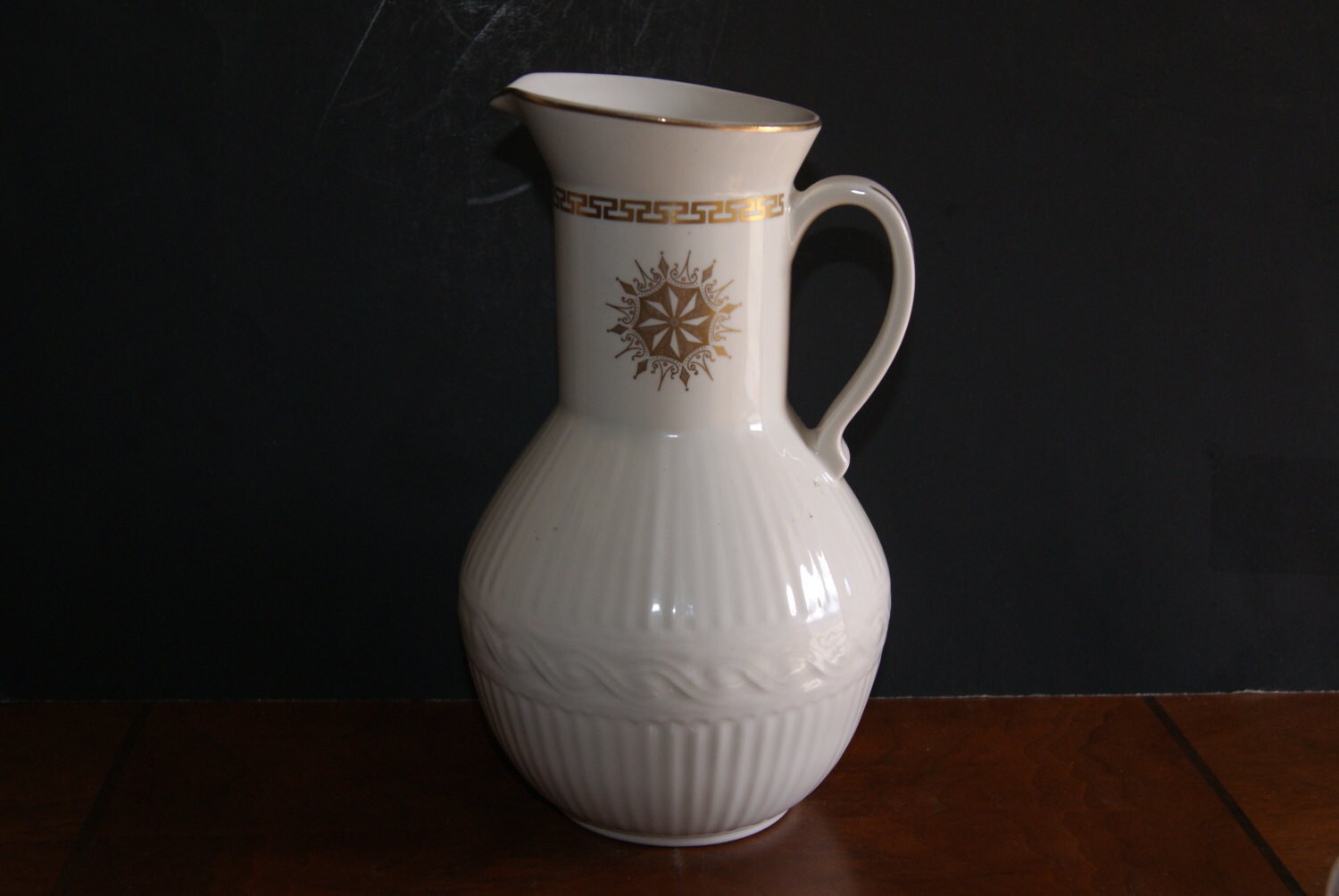 Vintage HALL Pottery Milk Pitcher With Gold Tone Greek Key And
