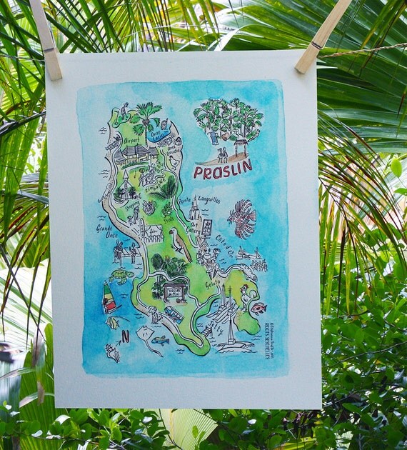 Illustrated Hand Painted Watercolor Map of Praslin Island