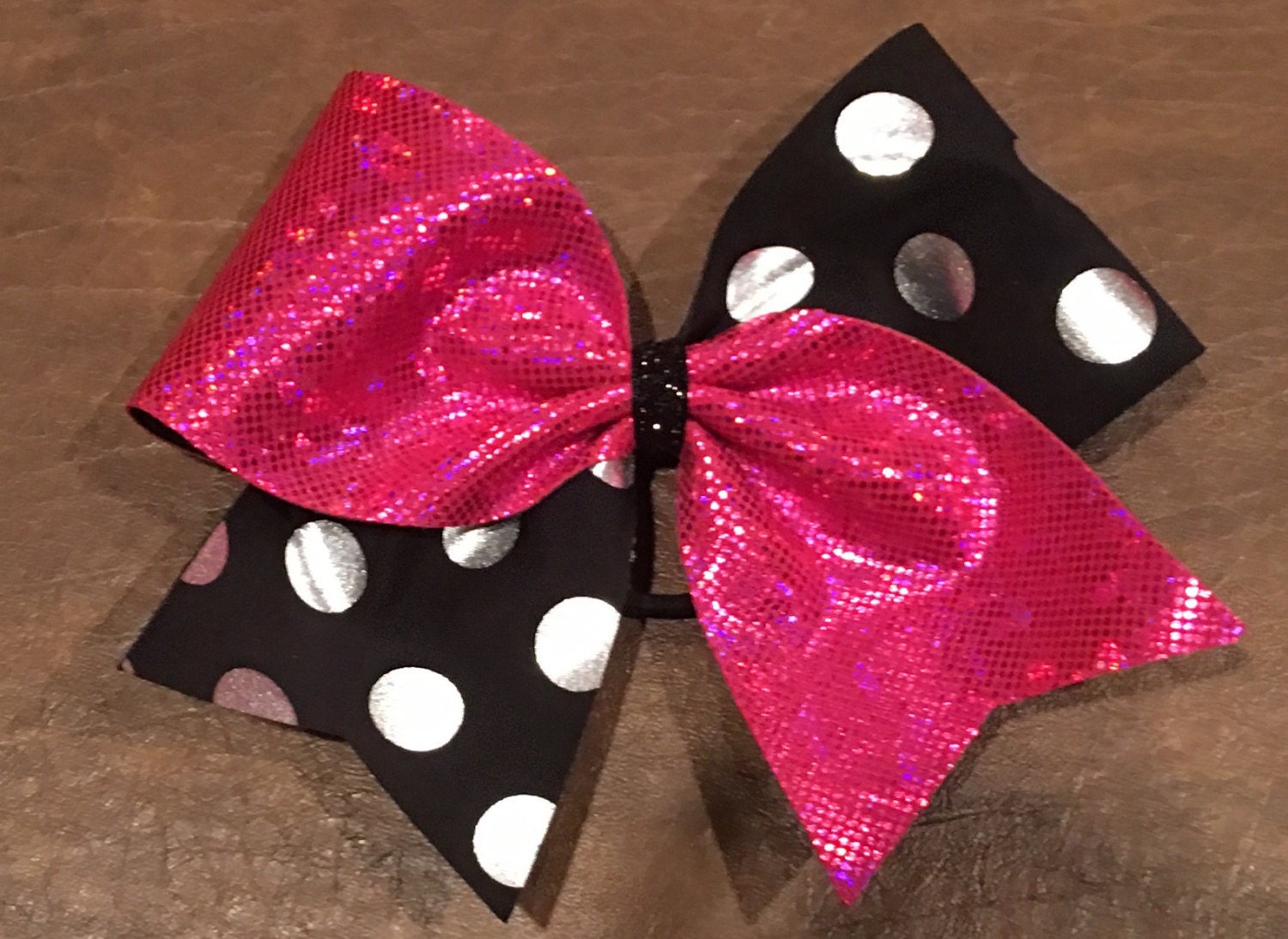 Cheer Bow Pink with Black and Silver Polka Dot