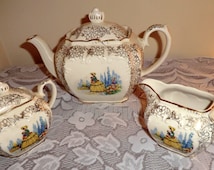 Vintage SADLER TEAPOT SET. Double Sided Cube Teapot. Crinoline lady ...