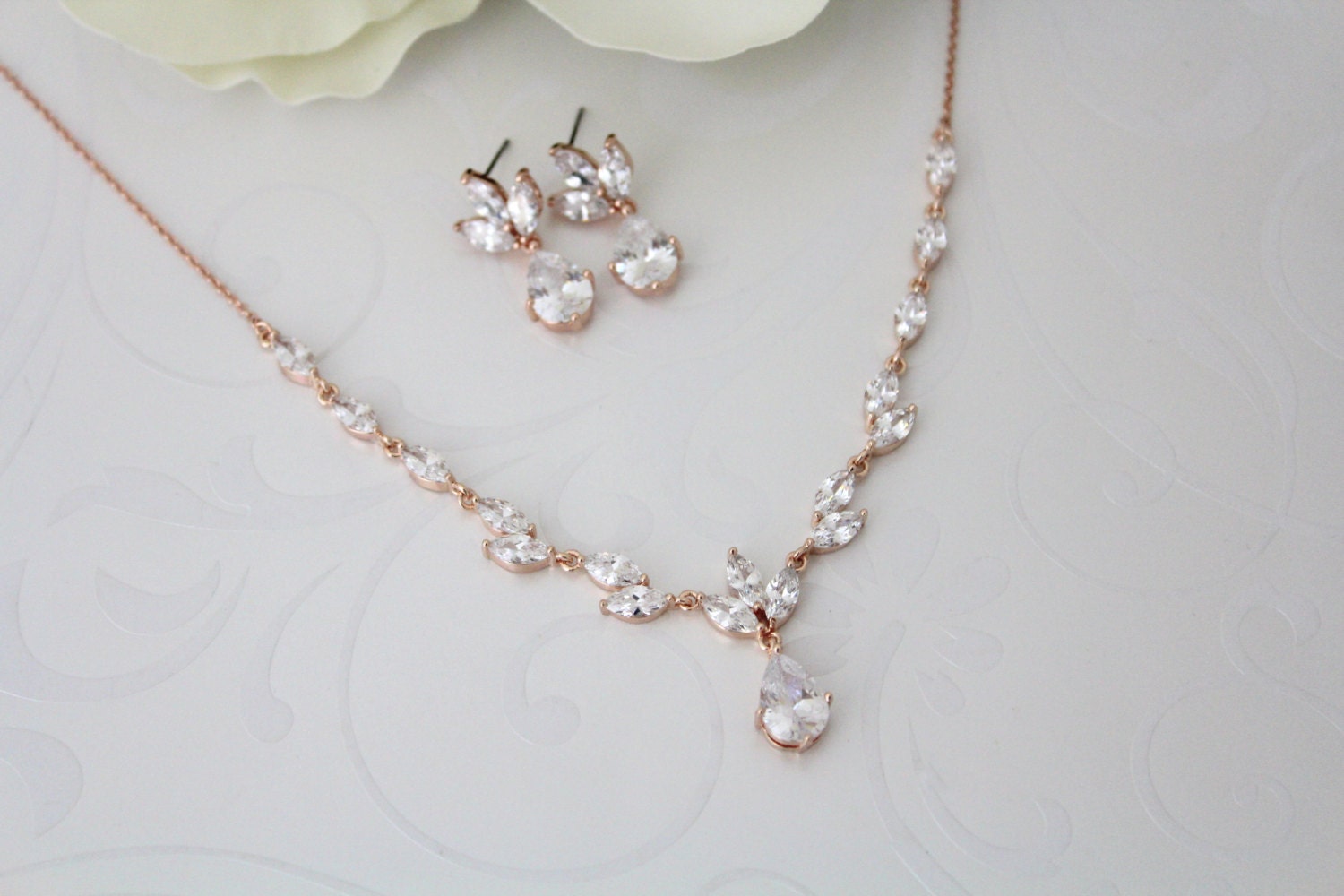 Rose gold necklace set Bridal jewelry set Bridesmaid