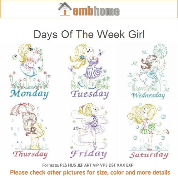 Items similar to Days Of The Week Girl Machine Embroidery Designs Pack ...