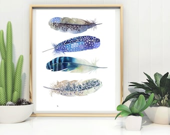 Boho printable watercolor feathers wall art print Hippie wall