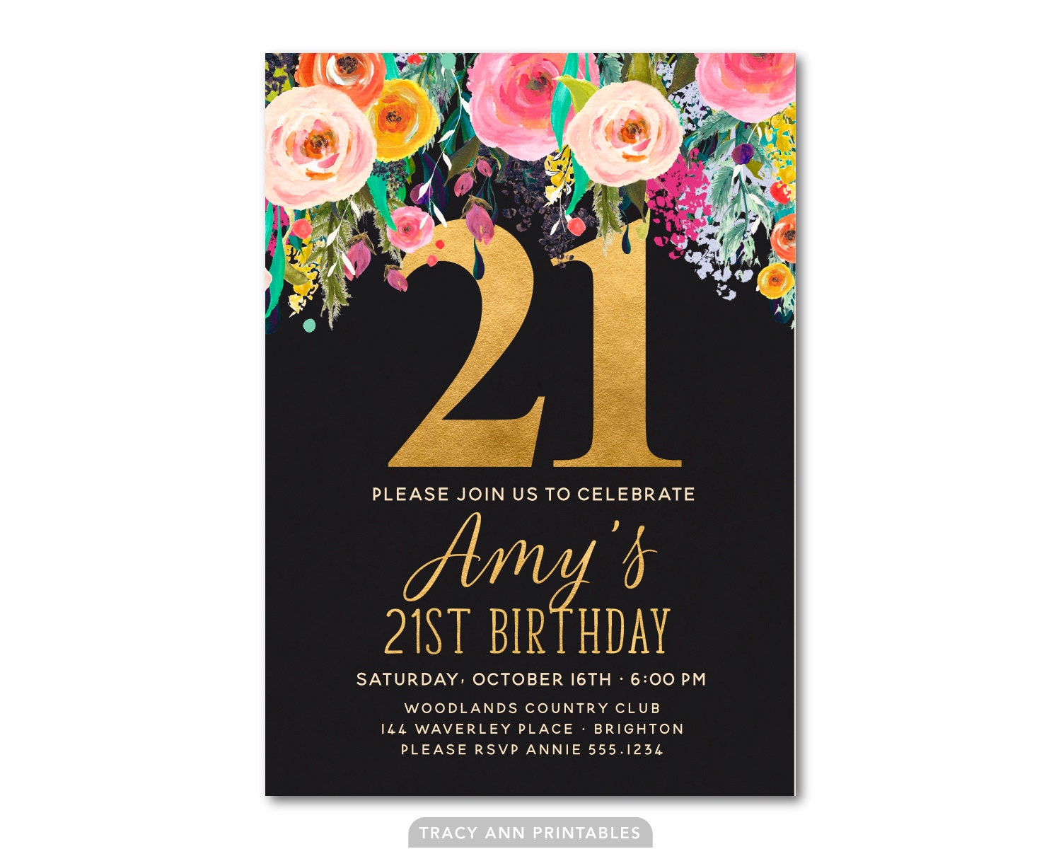 21st Birthday Invitation Floral 21st Birthday Invite 21st