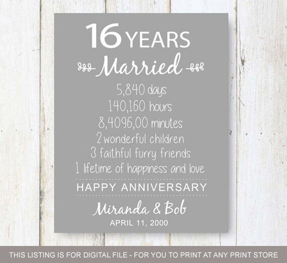 16th Anniversary Gift 16 Years Of Wedding Anniversary