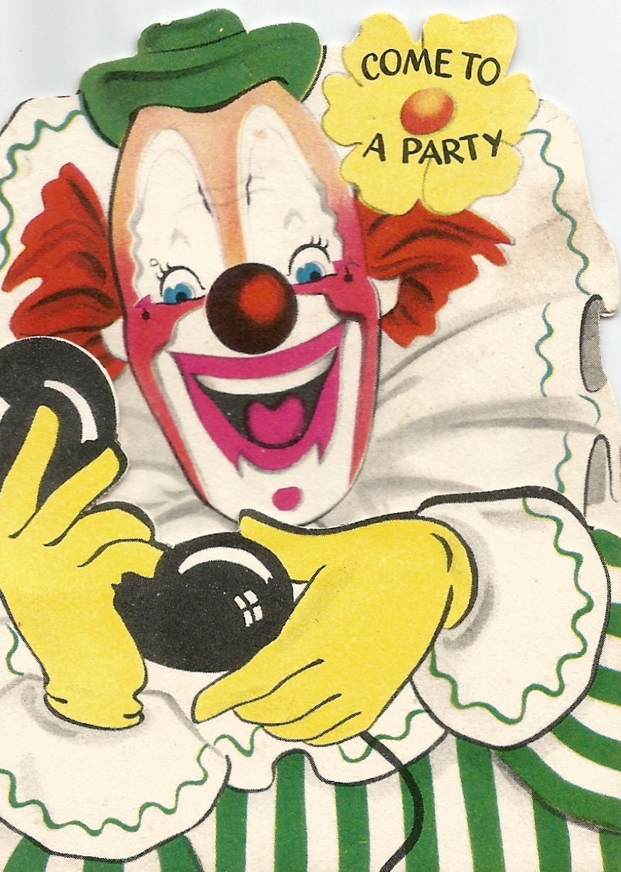 Vintage retro clown card party invitation digital download