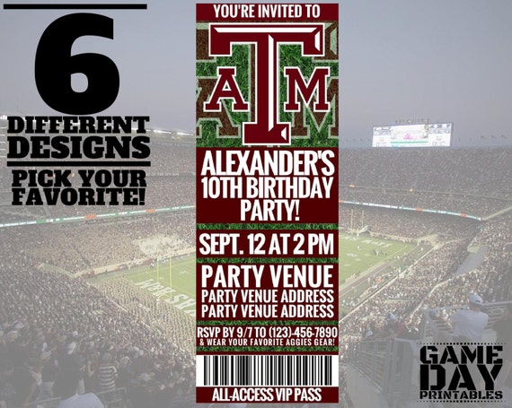 Texas A&M Aggies Birthday Invitation by GamedayPrintable on Etsy