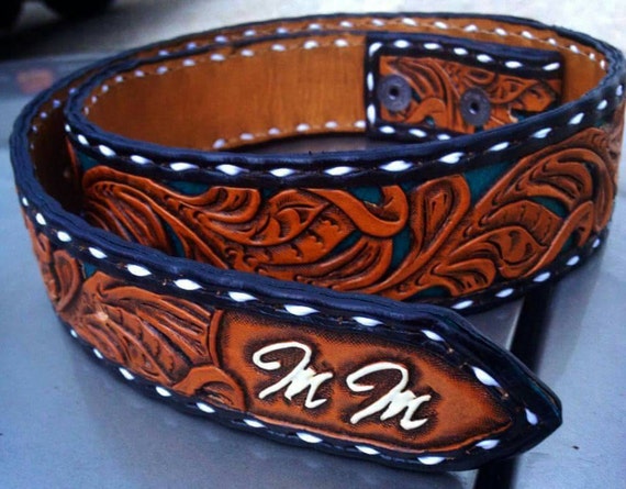 Buckstitched custom leather belt Hand tooled leather belt