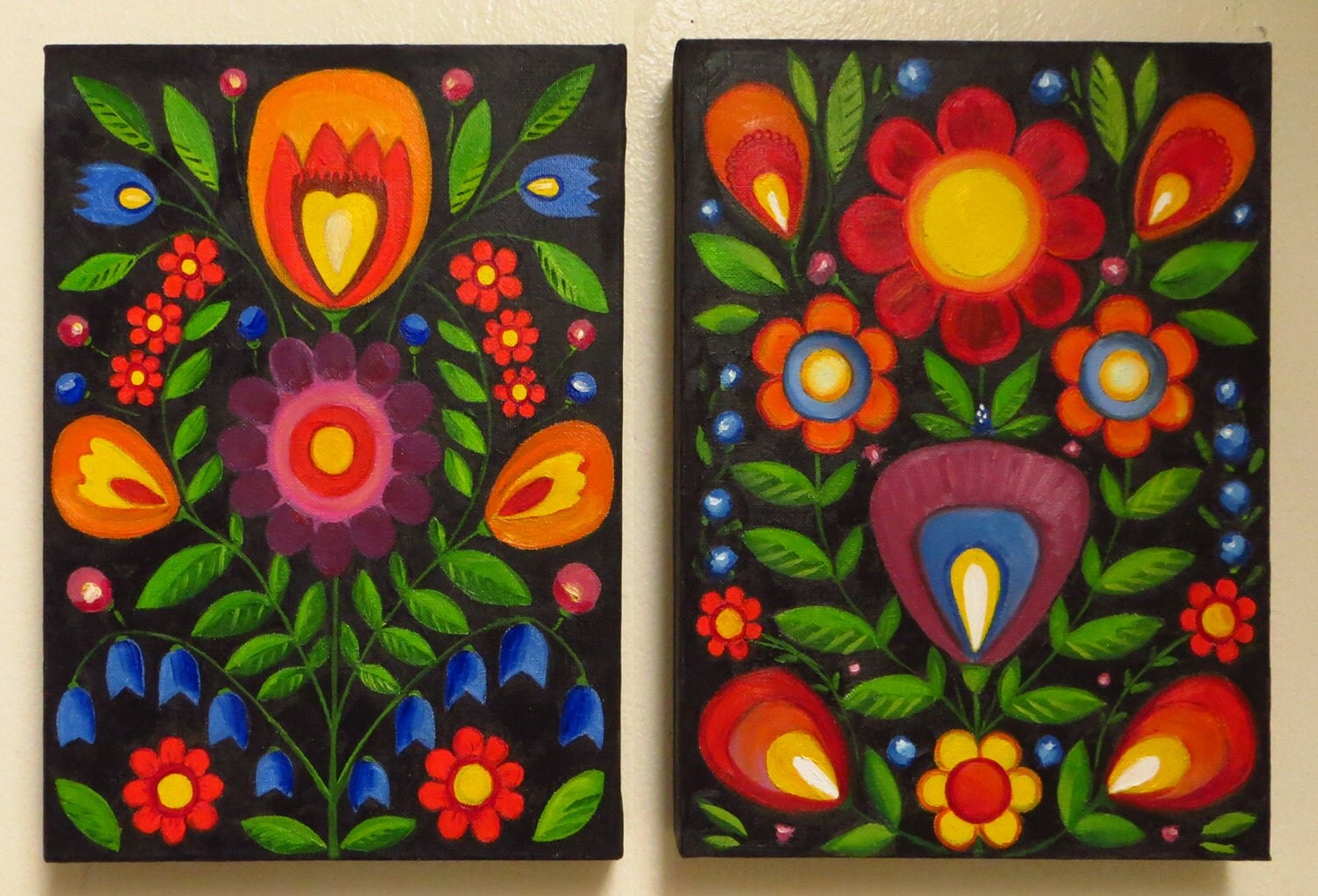 Folk Flowers Original Art Flower Folk Panttern Set of Two