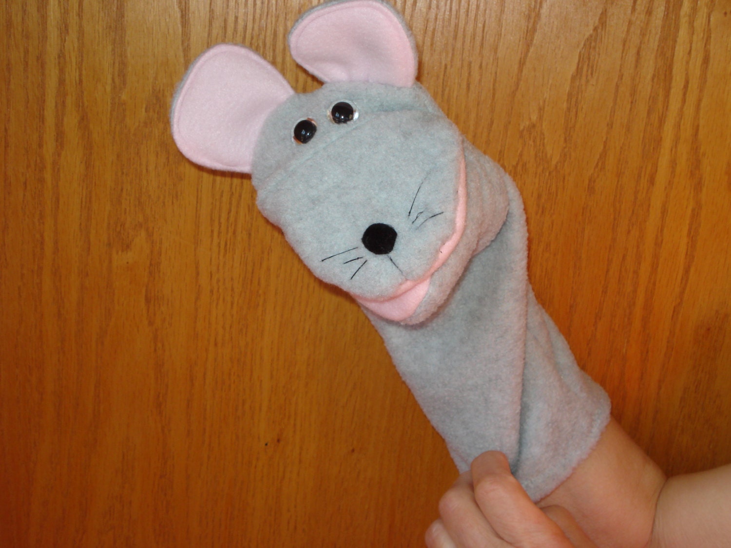 Grey Mouse hand puppet pink mouth and ear lining hand puppet