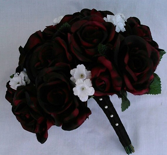 Black Tip dark Red Burgundy Silk Roses by Mysilkweddingflowers