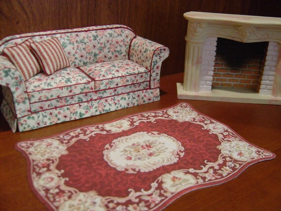 Dollhouse red and cream floral rug 1:12 scale by MyMiniWorld