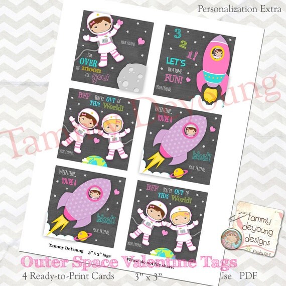 Outer Space Valentine tags for Girls Kids by songinmyheart on Etsy